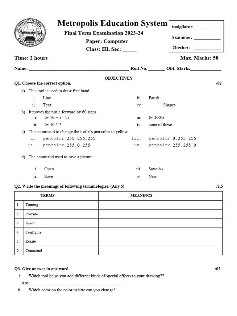 Class 3 - Computer - Final Term Exam - Miss ADIFA | PDF | Teaching ...