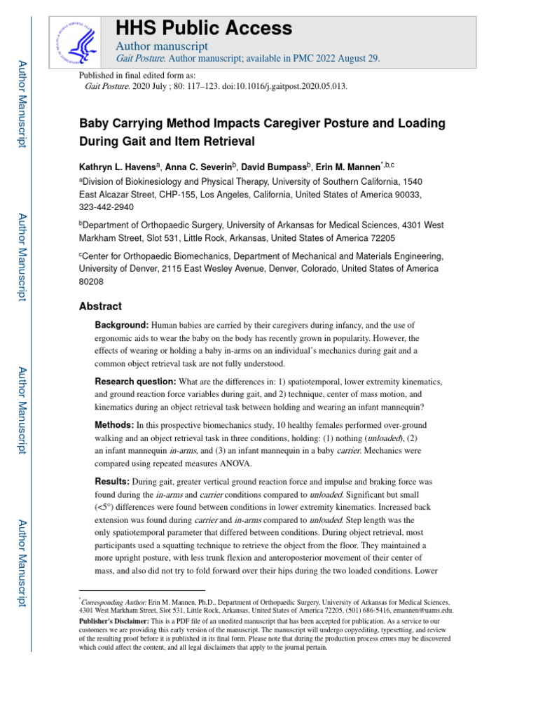 Baby Carrying Method Impacts Caregiver Posture and Loading During Gait ...