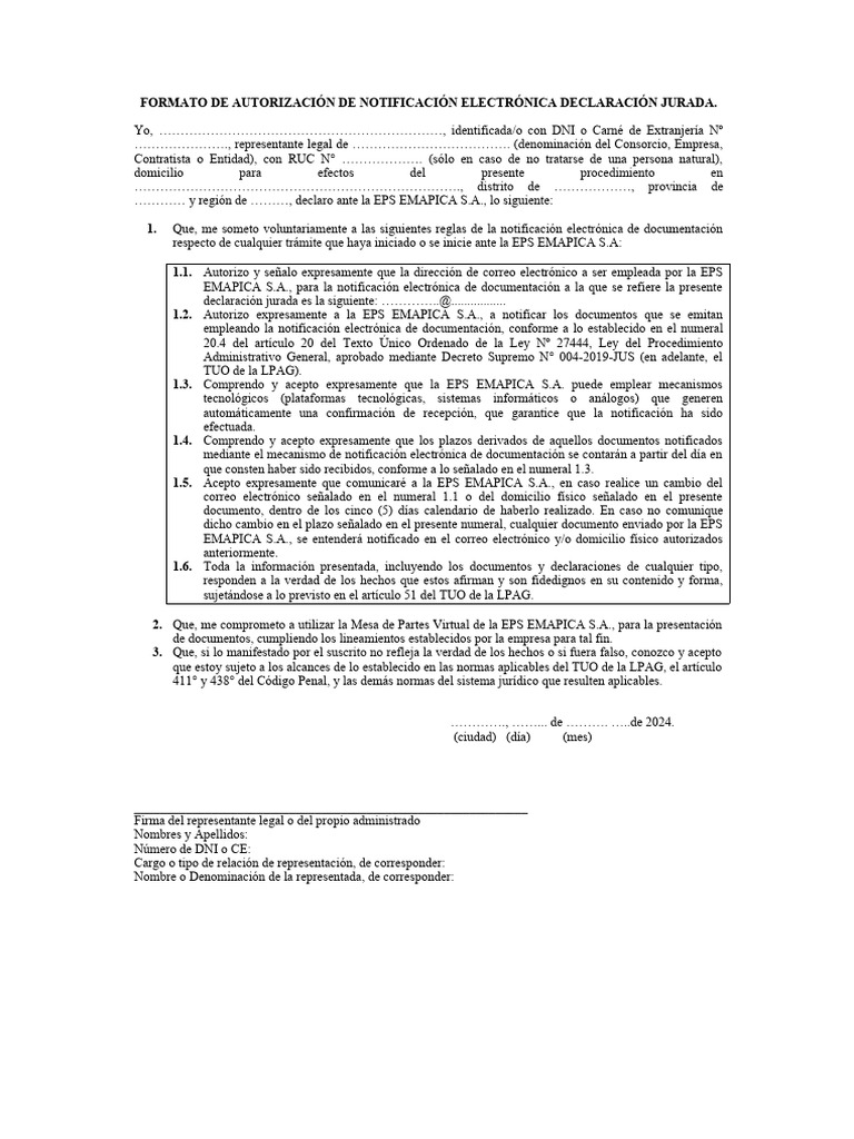 Formato de Autorización de Notificación Electrónica Declaración Jurada ... Formato de Autorización de Notificación Electrónica Declaración Jurada ...