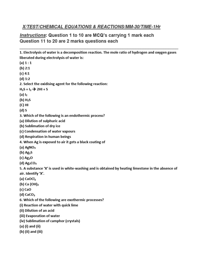 X Chemical Equation Test MM 30 | PDF | Chemical Reactions | Oxide