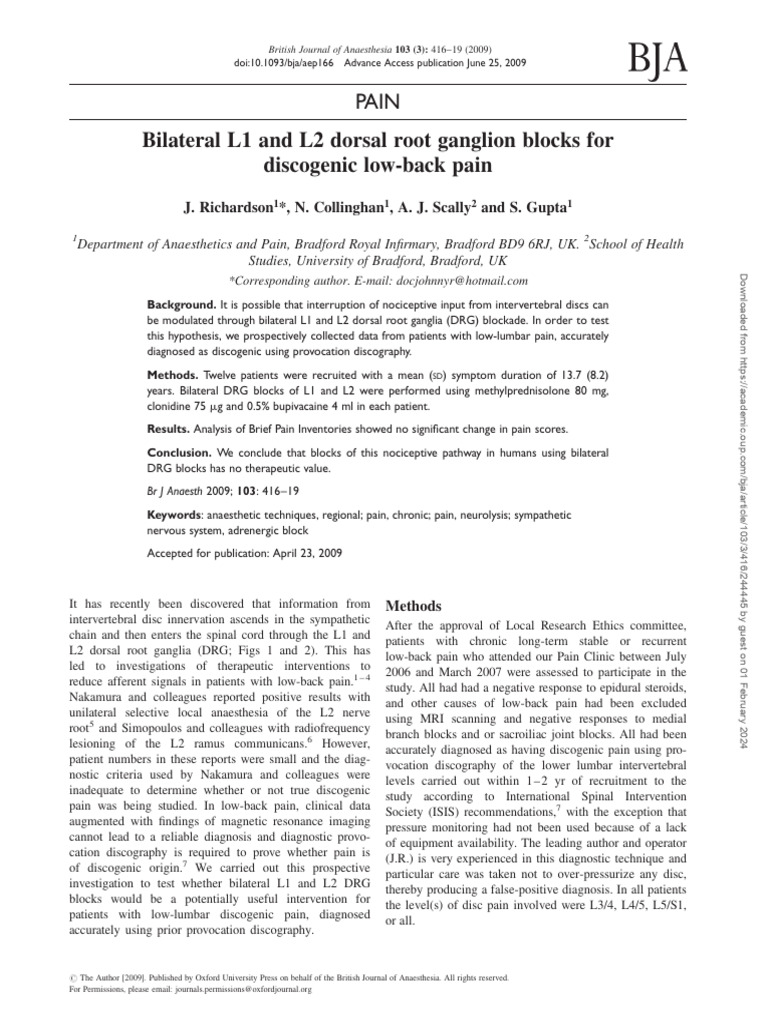 Bilateral L1 and L2 Dorsal Root Ganglion Blocks For Discogenic Low-Back ...