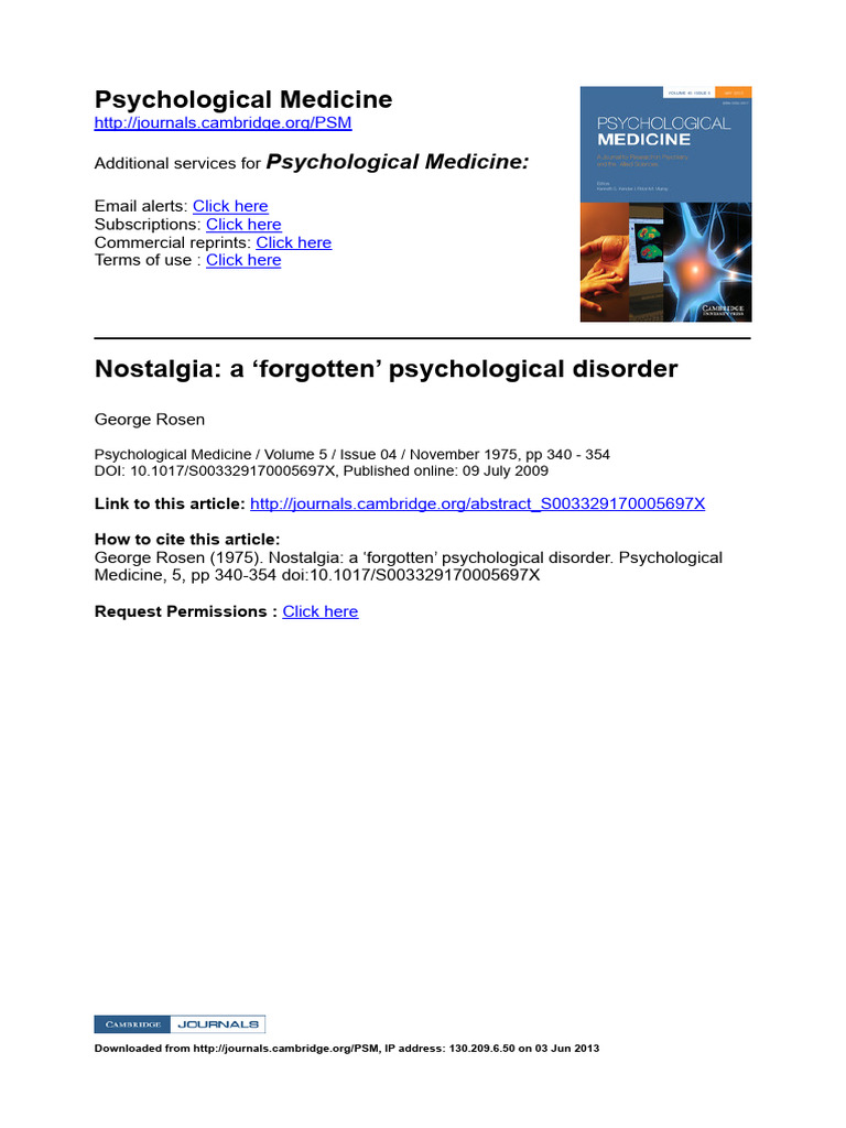George Rosen - Nostalgia - A Forgotten Psychological Disorder | PDF ...