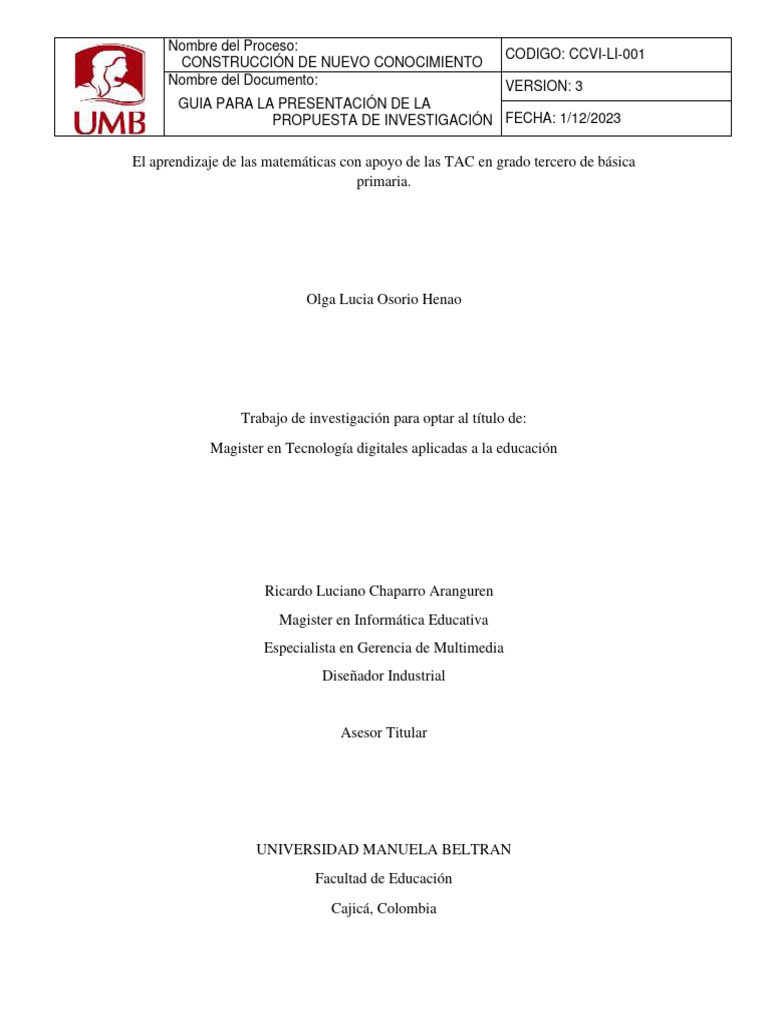Propuesta de Investigacion CCVI-LI-001 TALLER 2 OLGA LUCIA OSORIO HENAO ...
