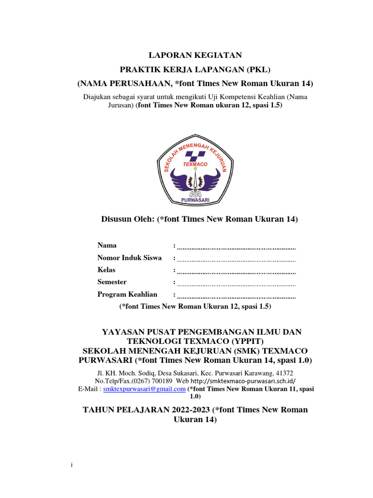Laporan Pkl Format Laporan PKL