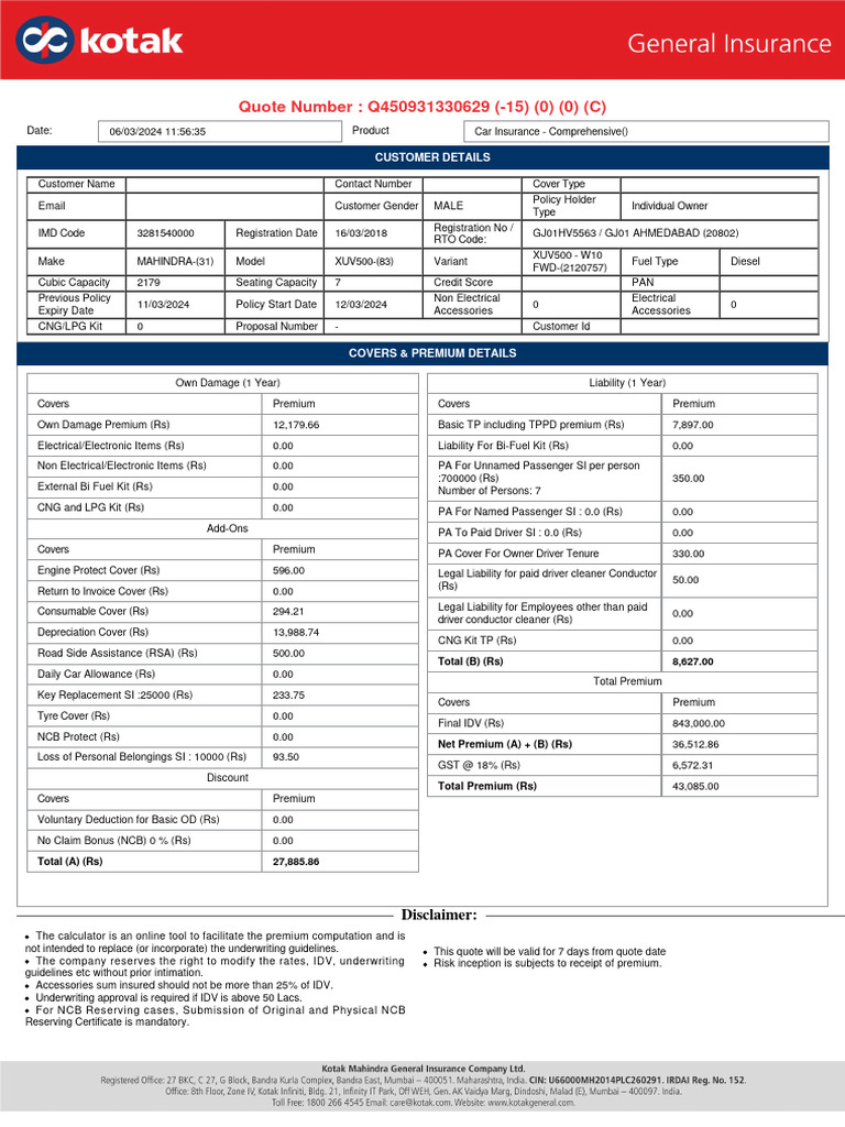 Kotak Car Secure (1+1) - Q450931330629 | PDF