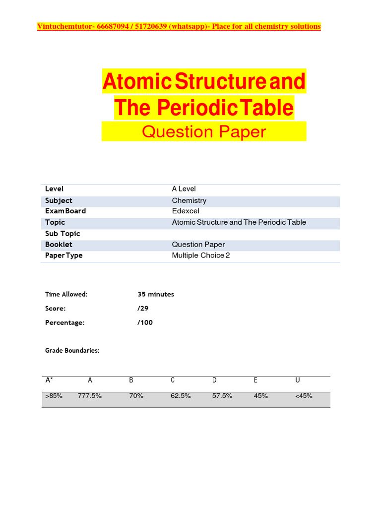 Atomic Structure and The Periodic Table: Question Paper | PDF ...