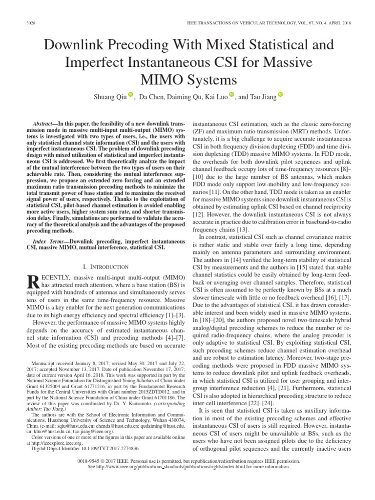 Downlink Precoding with Mixed Statistical and Imperfect Instantaneous CSI for Massive MIMO ...
