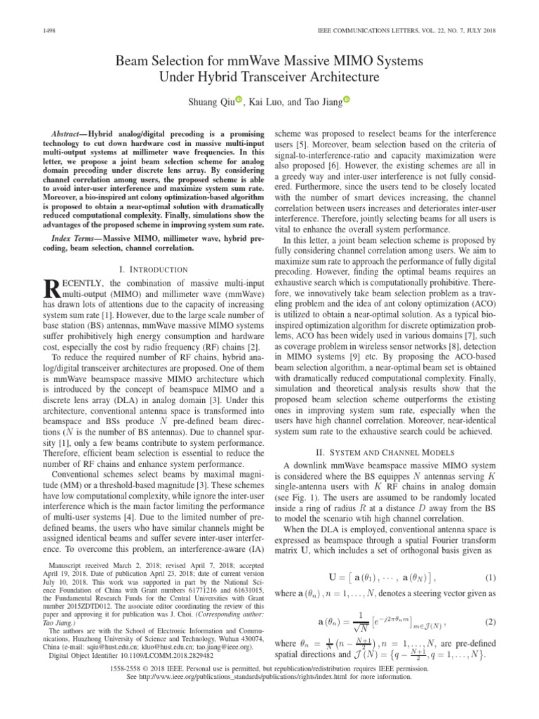 IEEE-Beam Selection For Mmwave Massive MIMO Systems Under Hybrid Transceiver Architecture | PDF ...