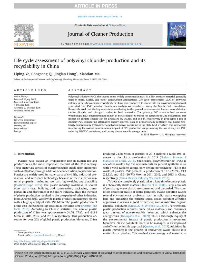 Life Cycle Assessment of Polyvinyl Chloride Production and Its | PDF ...