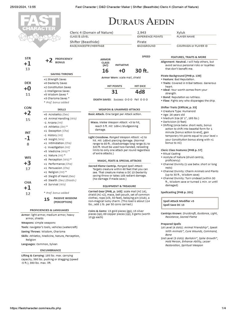 Shifter Cleric 4 D&D Character Sheet | PDF | Dungeons & Dragons ...