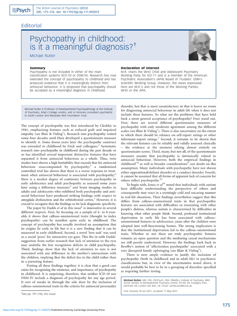 Psychopathy in Childhood Is It A Meaningful Diagnosis | PDF ...