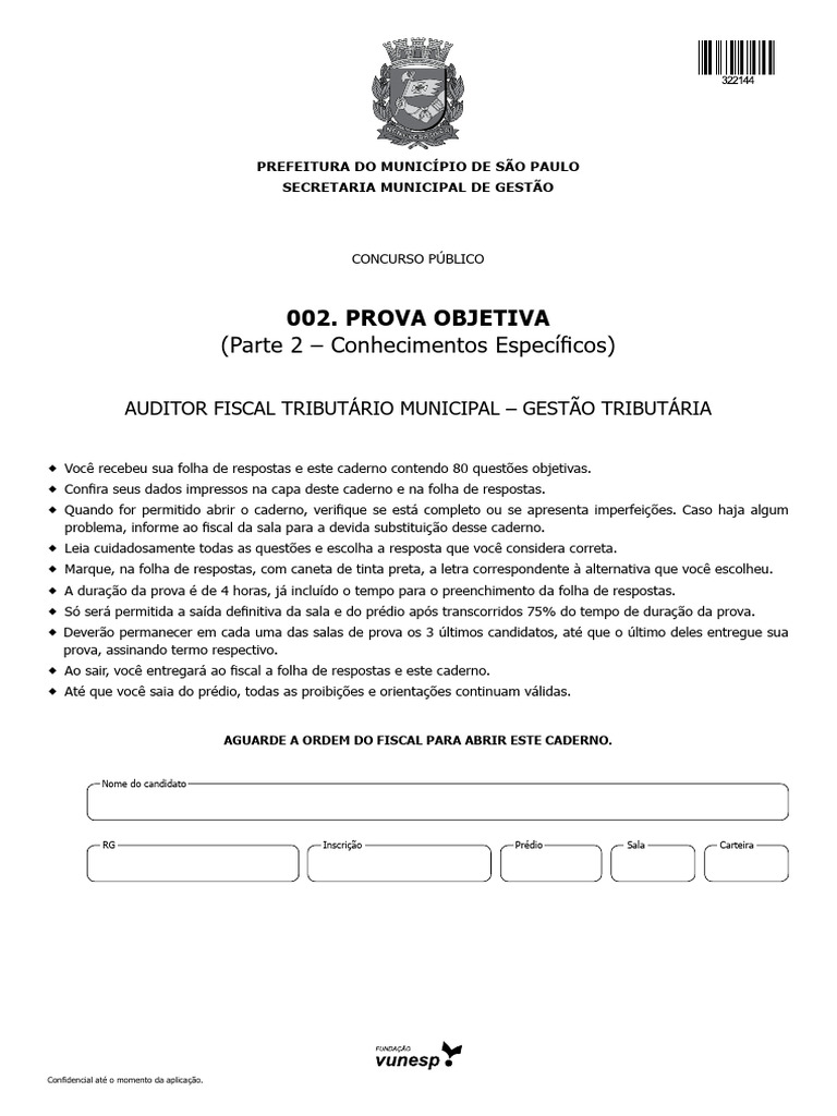 Vunesp 2023 Prefeitura de Sao Paulo SP Auditor Fiscal Tributario Gestao Tributaria Parte 2 ...