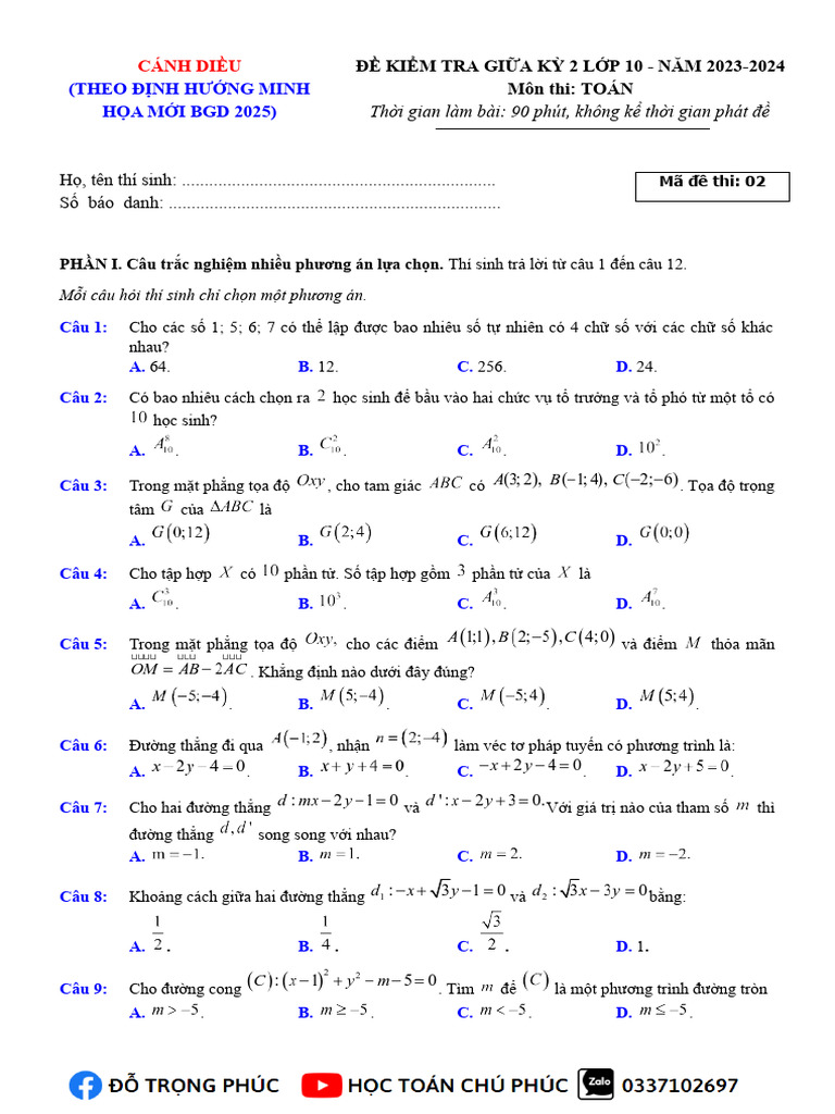ĐỀ 02 ÔN TẬP GK2 TOÁN 10 CÁNH DIỀU Soạn theo minh họa BGD 2025 2 | PDF