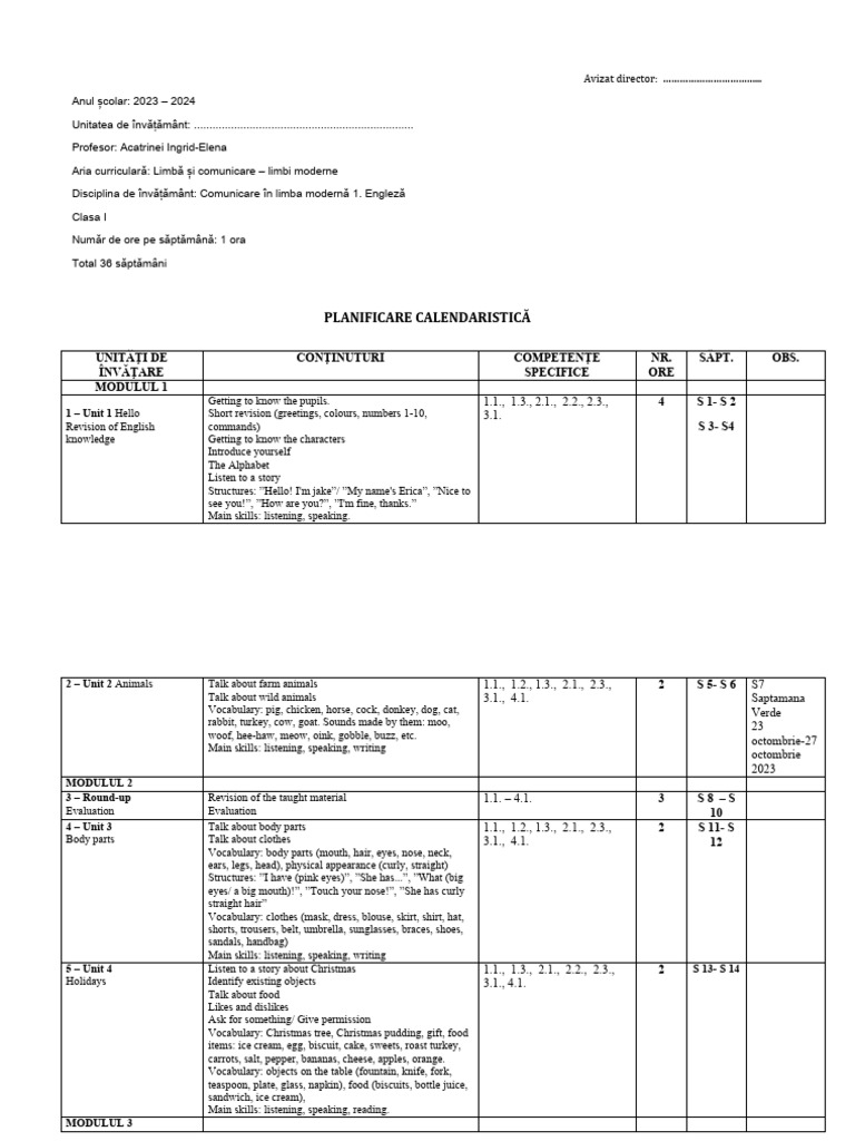 2024 Cls 1 Planificare i Comunicare in Limba Moderna Edp Module | PDF
