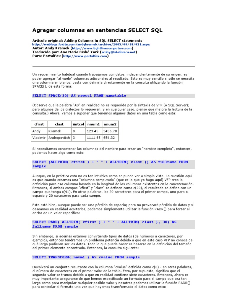 Agregar Columnas en Sentencias SELECT SQL | PDF | SQL | Tabla (base de ...