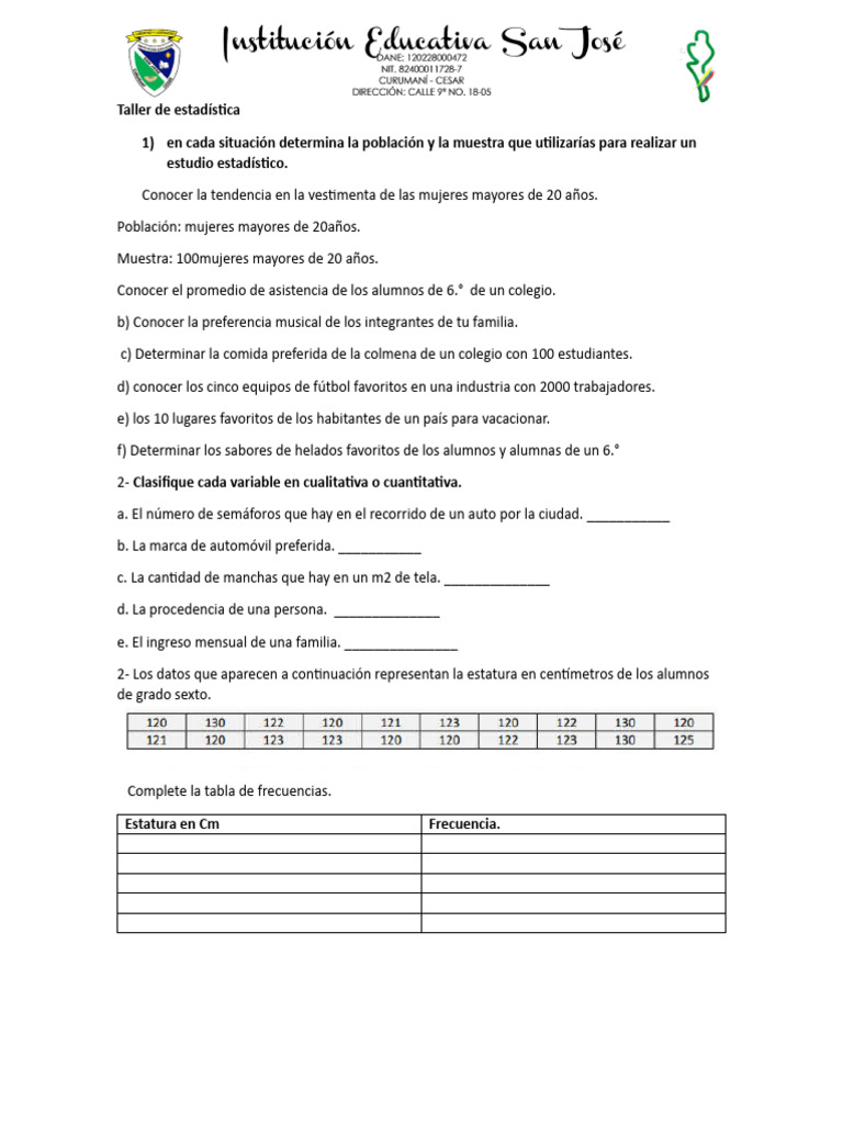 Taller de Estadística para Sexto Grado | PDF | Estilo de vida