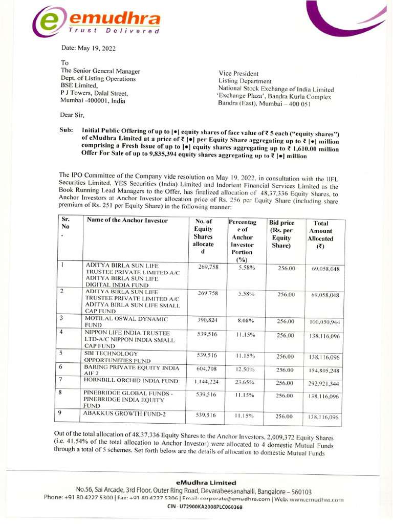 Anchor Allocation Initmation Letter | PDF