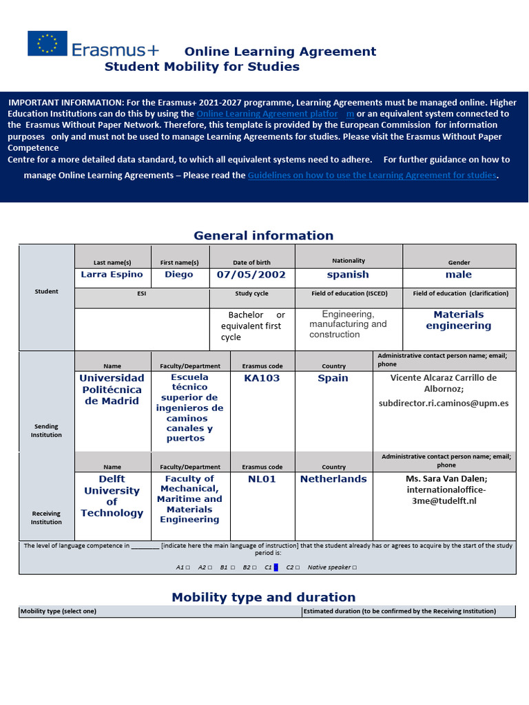 Learning Agreement - DIEGO LARRA ESPINO Final | PDF | Academic Degree ...
