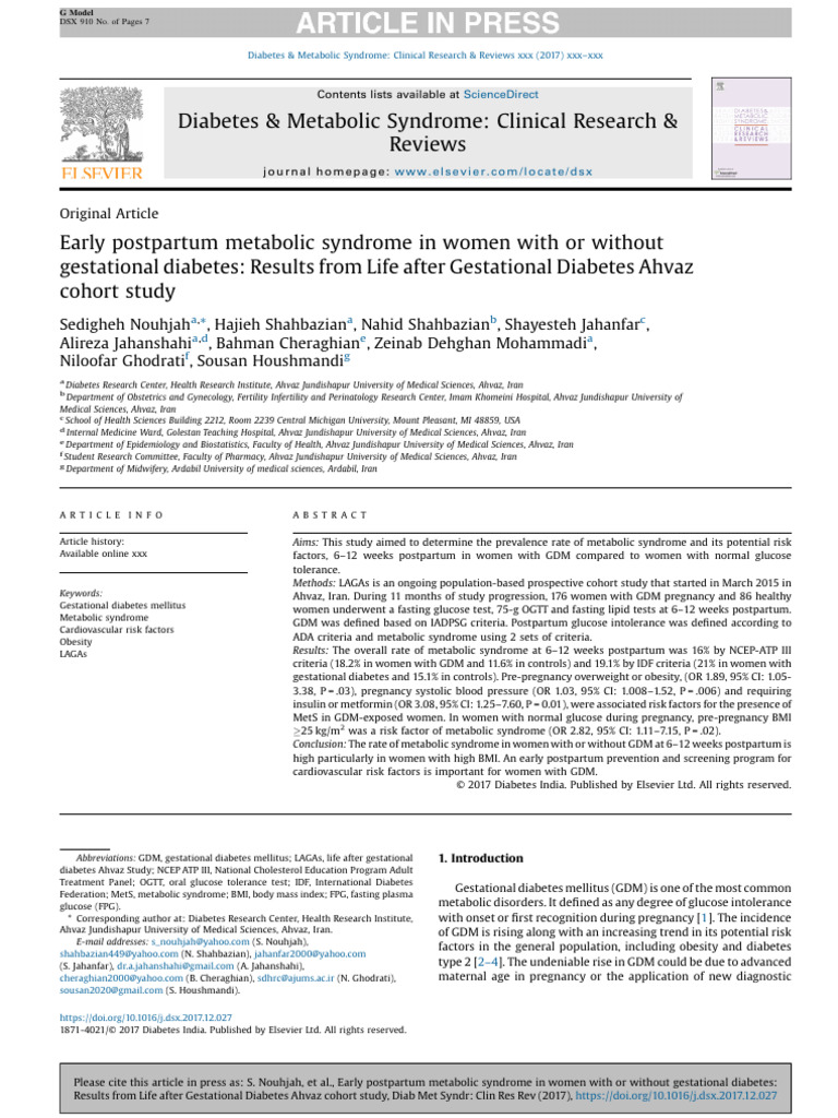 Early Postpartum Metabolic Syndrome in Women With or Without 2017 | PDF ...