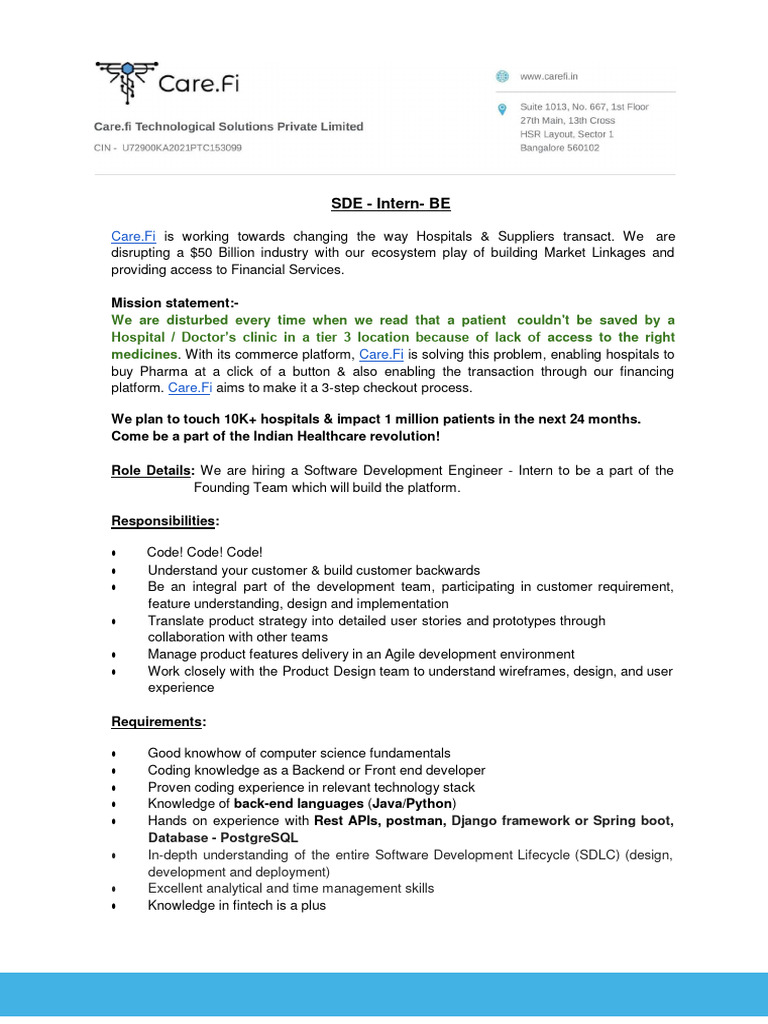 CareFI-JD-SDE Intern BE | PDF | Compiler | Computing