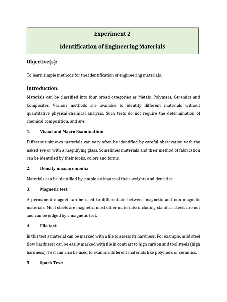 Eperiment 2 Identification of Materials | PDF | Steel | Metals