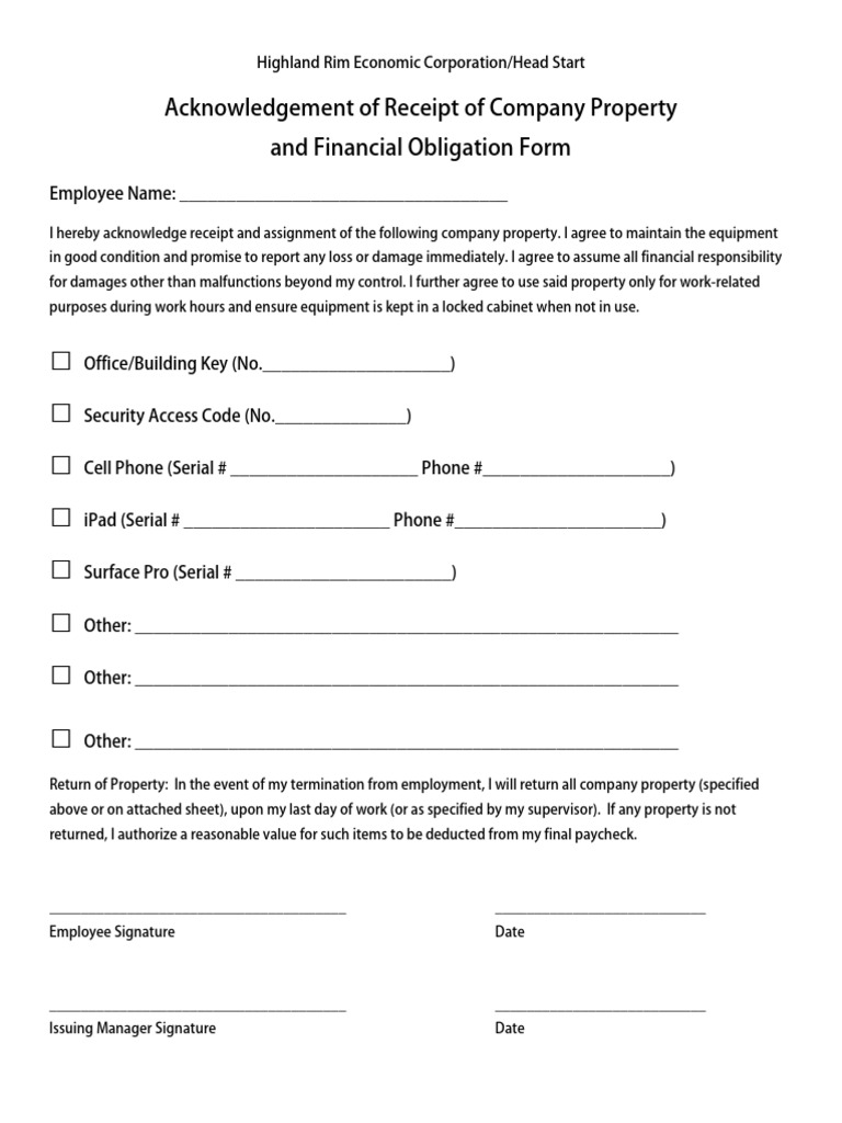 Acknowledgment of Company Property Receipt | PDF | Finance & Money ...