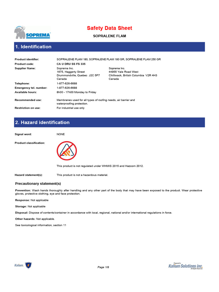 Sopralene Flam Safety Data Sheet | PDF | Silicon Dioxide | Occupational ...