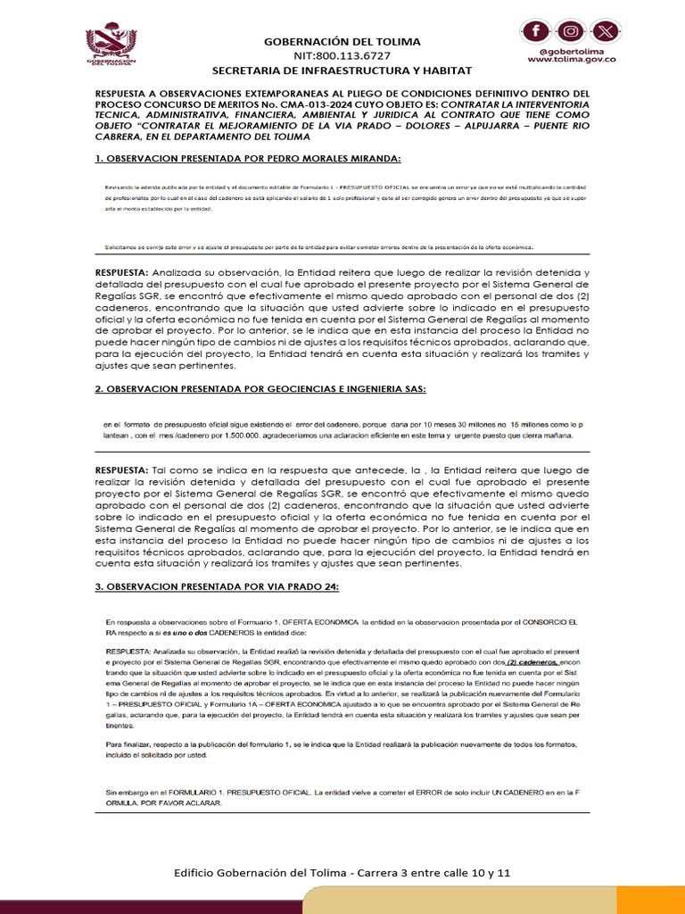 RESPUESTA A OBSERVACIONES EXTEM PLIEGO DEFI Cma-013 | PDF | Presupuesto