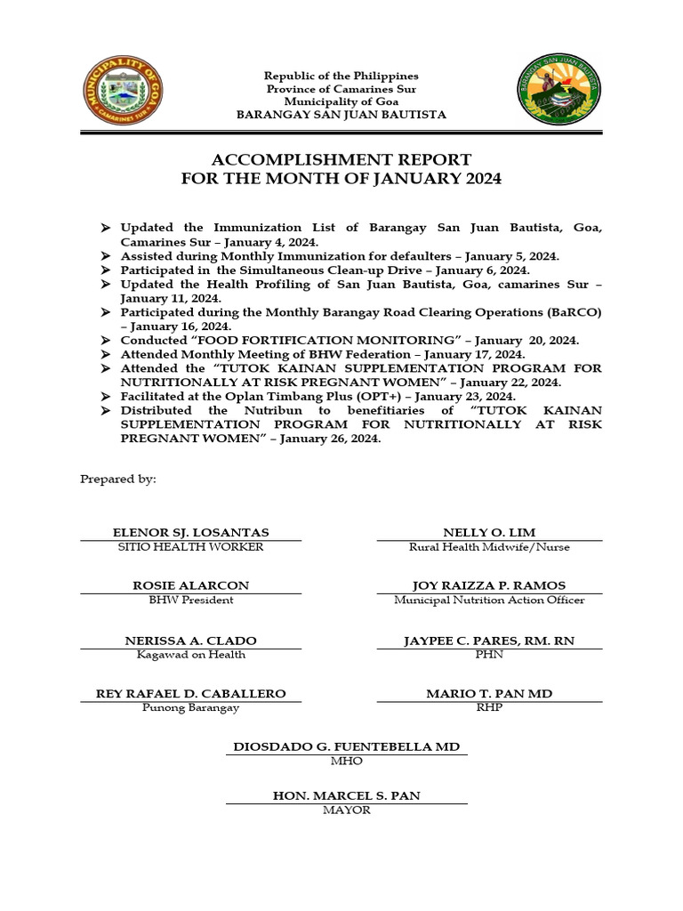 January 2024 Barangay Accomplishment Report | PDF | Wellness ...