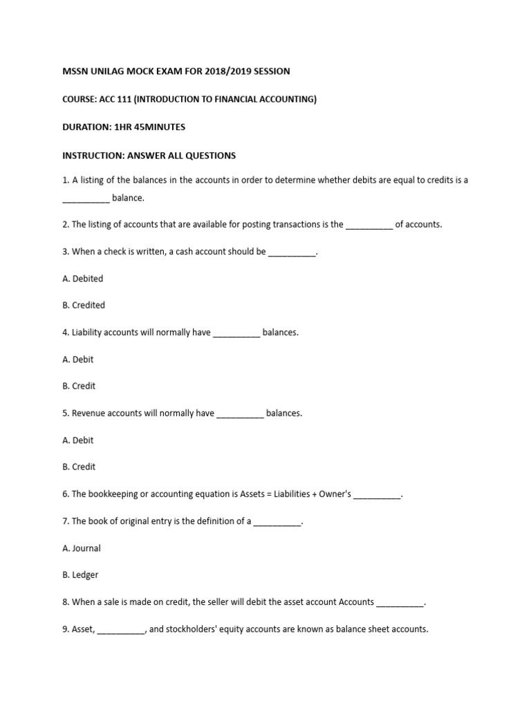 ACC 111 Mock Questions FINAL | PDF | Debits And Credits | Depreciation