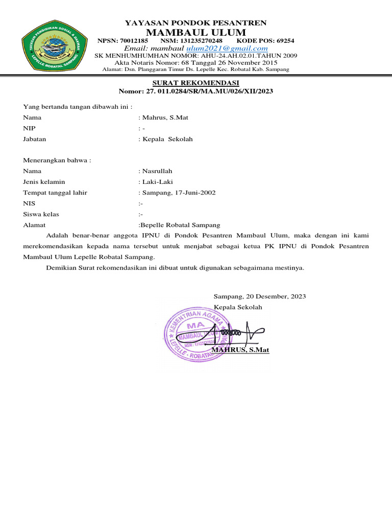 Surat Rekom Pengesahan Ipnu | PDF