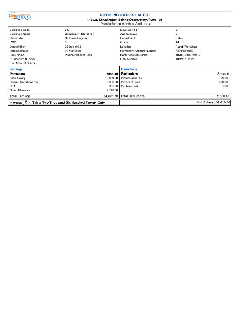Rieco Salary Slip - 817 | PDF