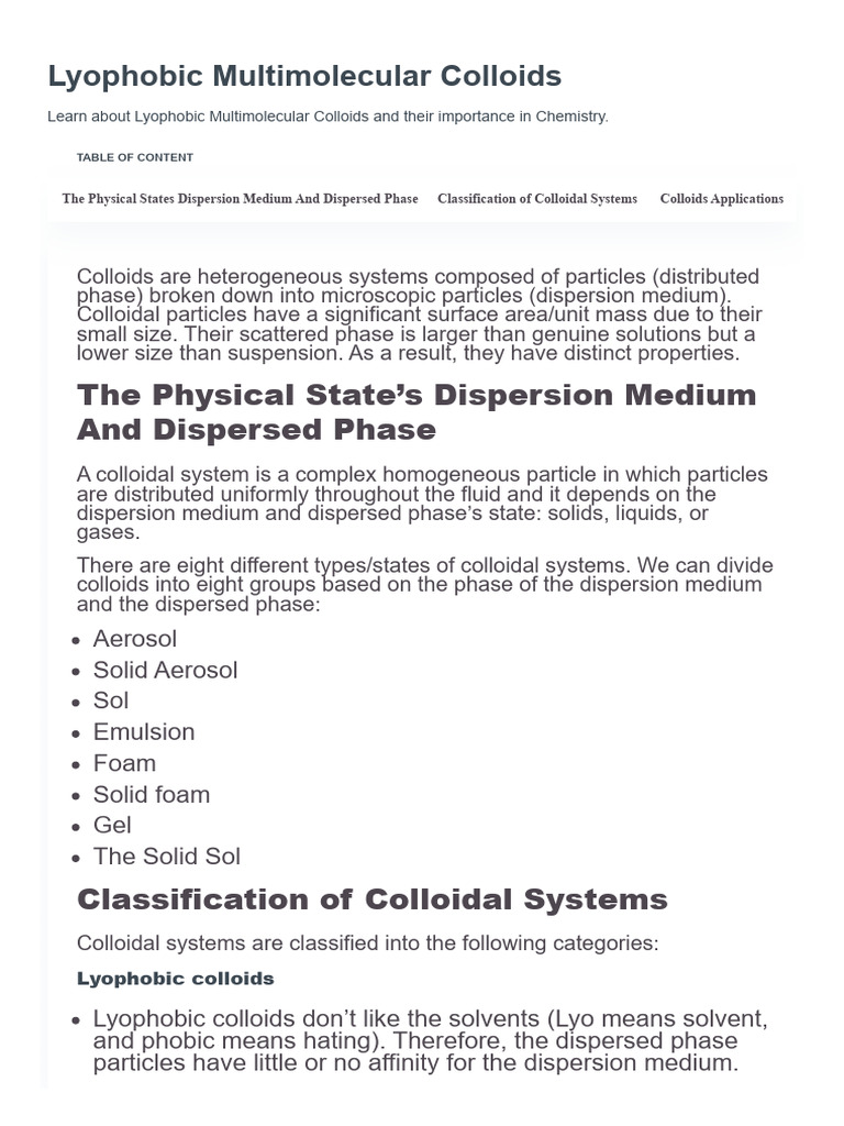 Notes On Lyophobic Multimolecular Colloids | PDF | Colloid | Mixture