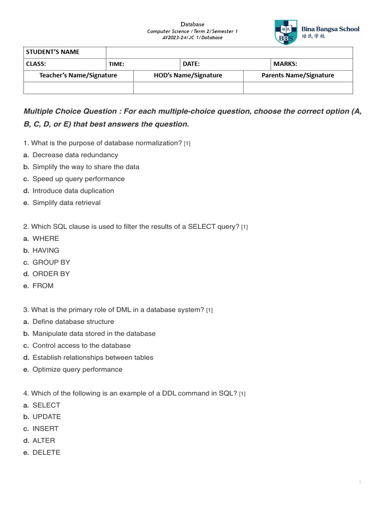 Database MCQs and Short Answers Guide | PDF | Databases | Sql