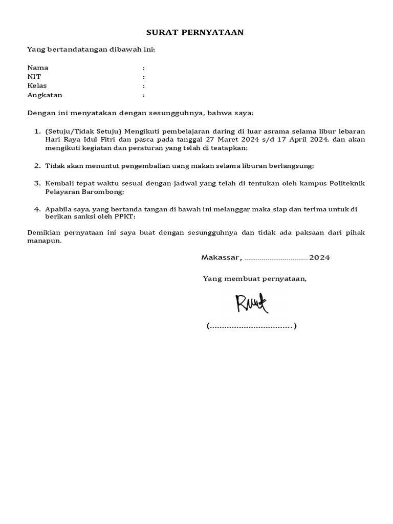 Surat Pernyataan Libur Signed | PDF