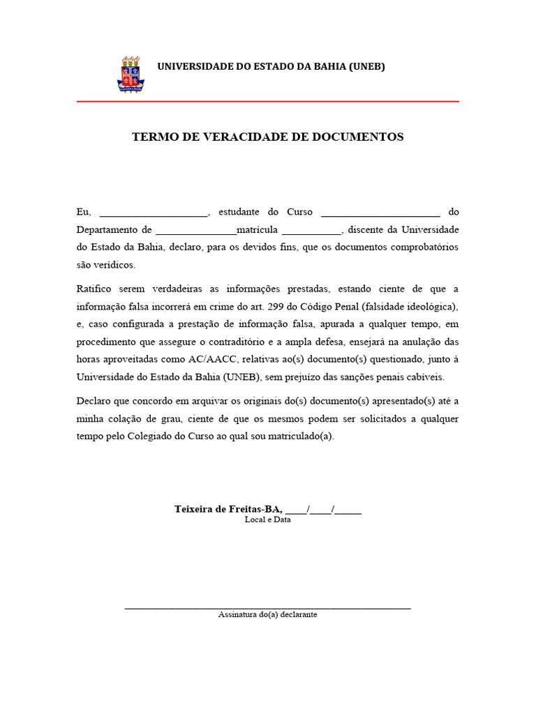 Termo - de - Veracidade Docs ACC em Branco | PDF Termo - de - Veracidade Docs ACC em Branco | PDF