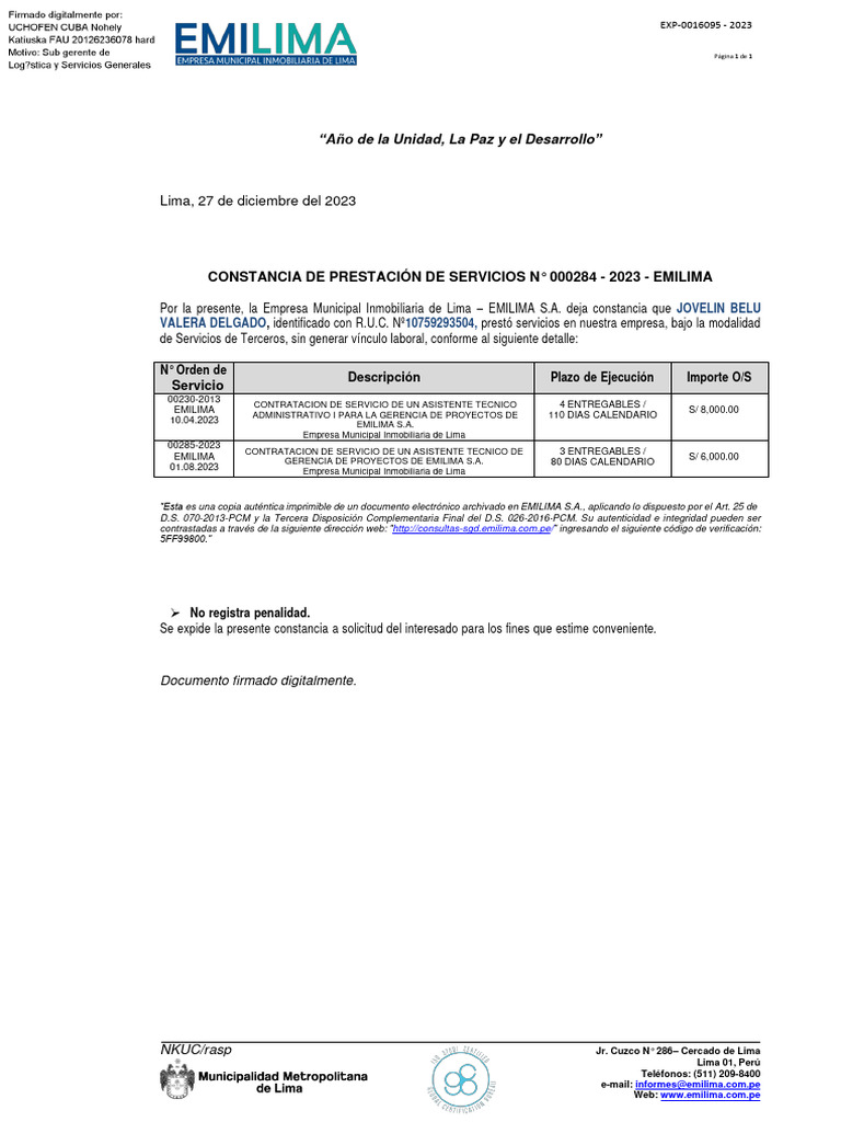 Constancia Servicios EMILIMA 2023 | PDF