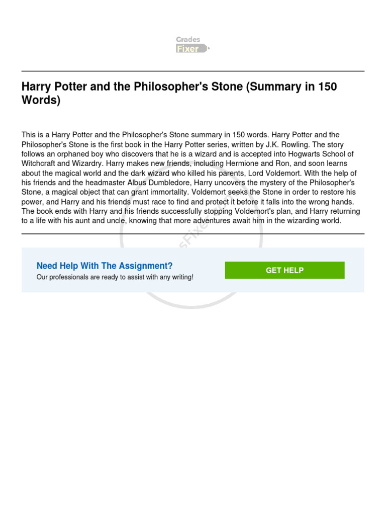 Harry Potter and The Philosophers Stone (Summary in 150 Words) | PDF
