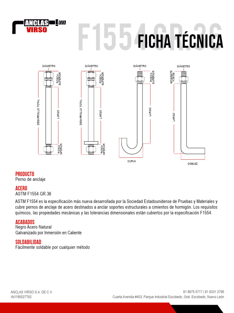 FT Perno de Anclaje ASTM F1554 Gr. 36 ANCLAS VIRSO® | PDF | Tornillo | Acero