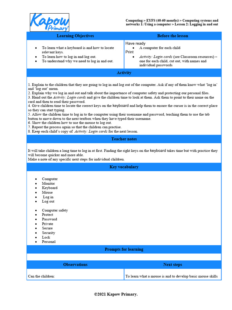 Lesson 2 - Logging in and Out | PDF | Login | Computer Keyboard