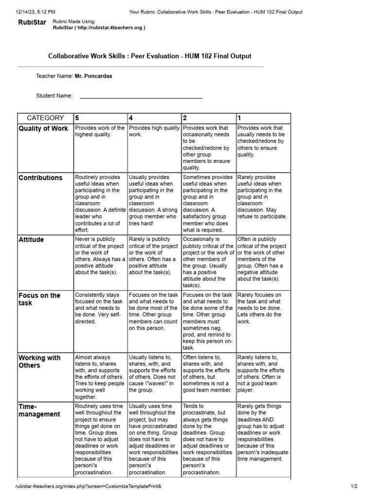 Peer Evaluation Rubric - HUM 102 Final Output-1 - 979302670 | PDF | Rubric (Academic ...