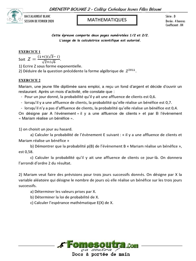 61f91b3e1eeb8-Epreuves de Maths Tle D | PDF | Méthodes et références pédagogiques