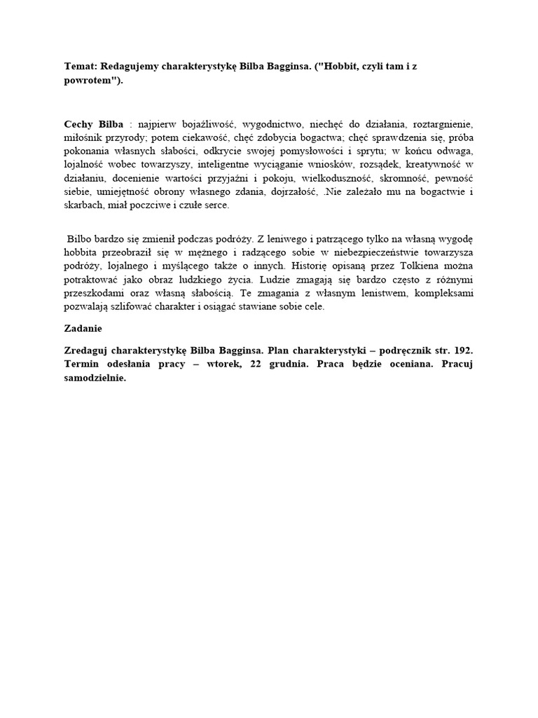 Charakterystyka Bilba Bagginsa. | PDF