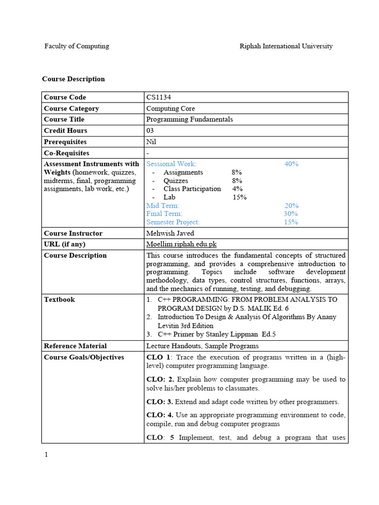 PF Theory Course Outline | PDF | Pointer (Computer Programming) | Computer Programming