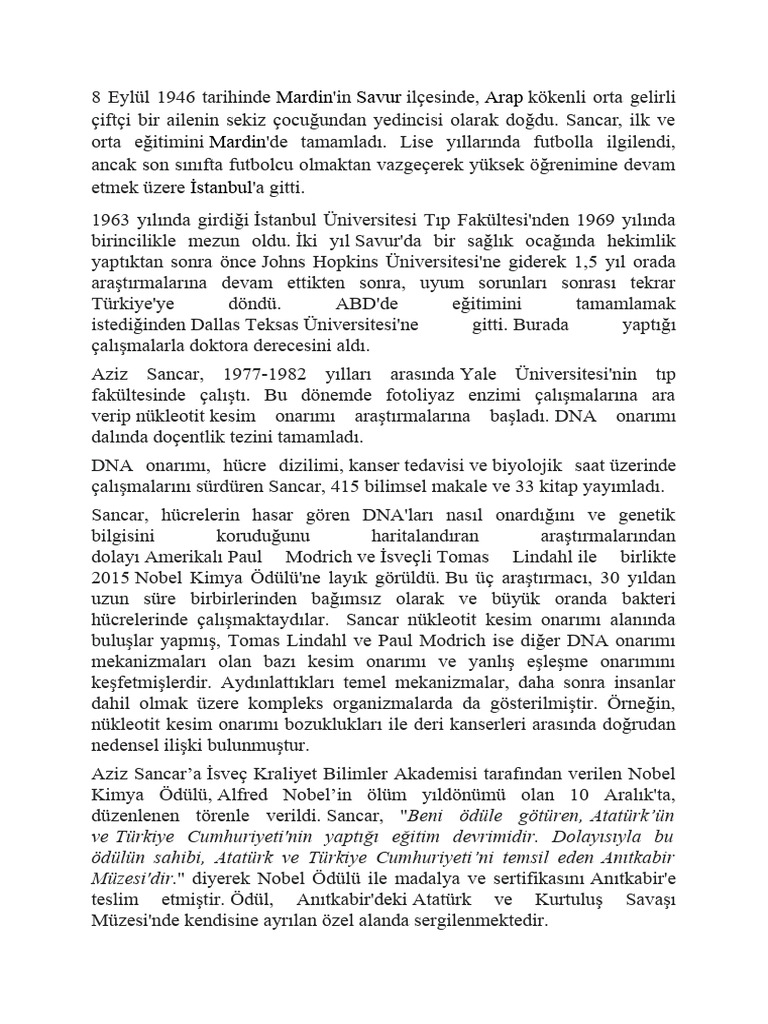 Aziz Sancar'ın Hayatı | PDF