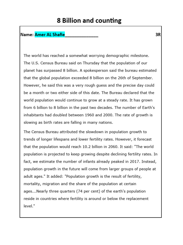 8 Billion and Counting - Activity | PDF | Social Science