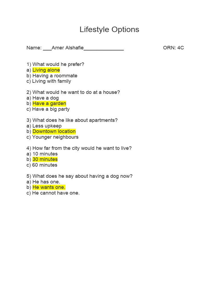 Lifestyle Options - Questions | PDF