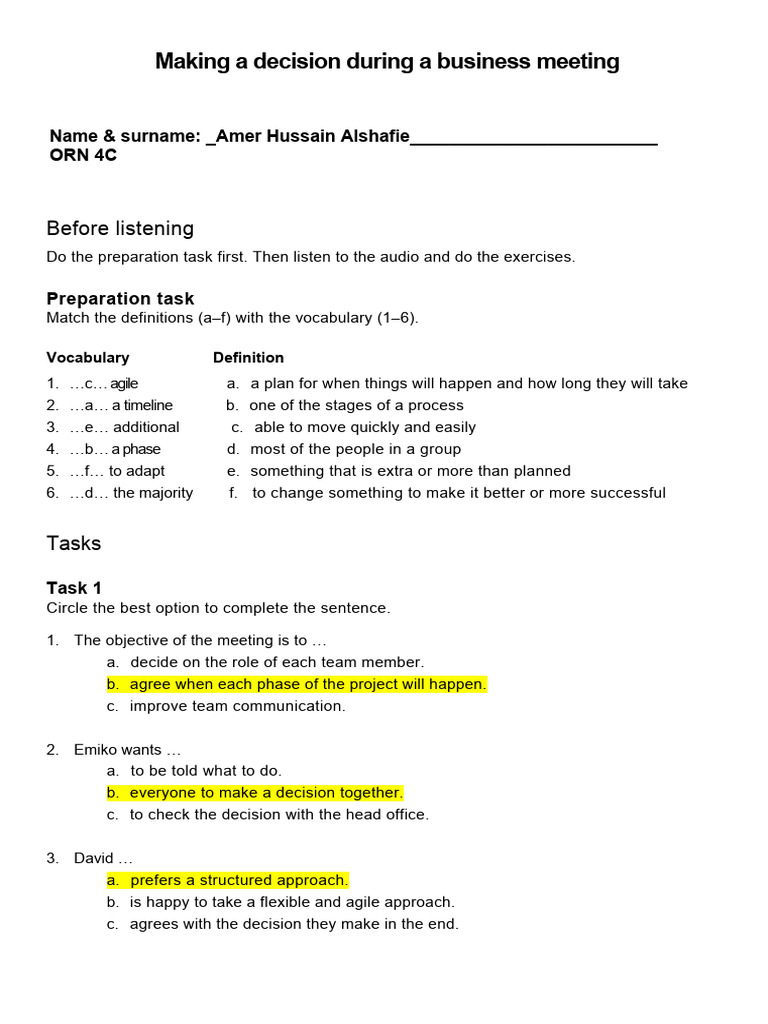 Making A Decision During A Business Meeting - Worksheet | PDF | Human Communication | Cognition