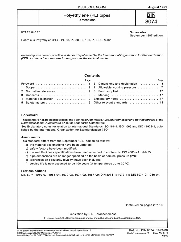 DIN 8074: Polyethylene Pipe Standards | PDF | Pipe (Fluid Conveyance ...