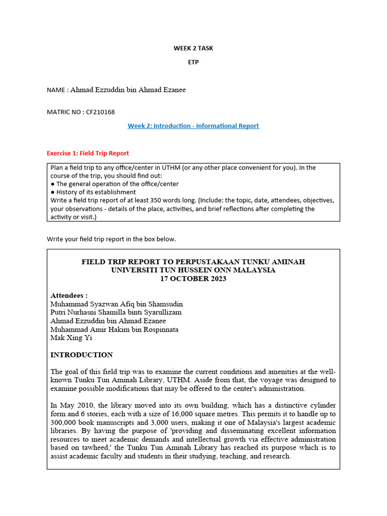 Field Trip Report To Perpustakaan Tunku Aminah Universiti Tun Hussein ...